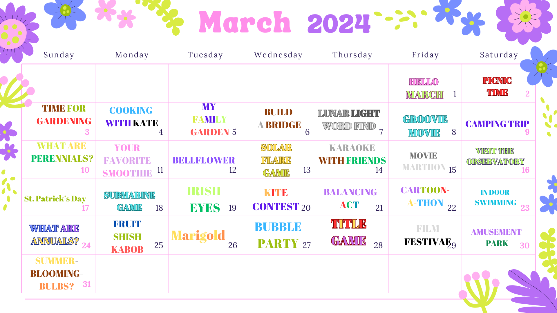 Calendar For March – Children's Spot